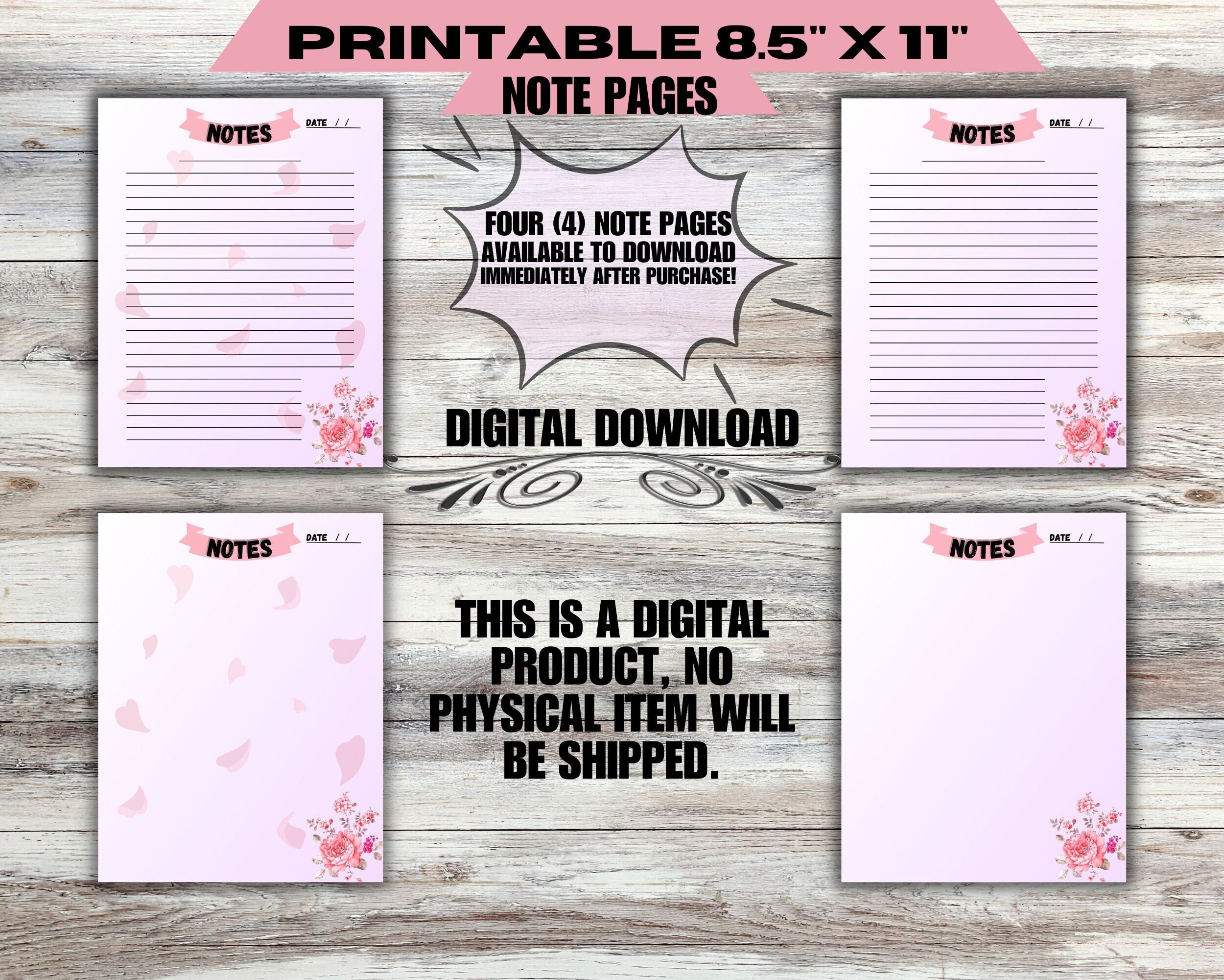 Printable Note Pages, Digital Note Downloads, Printable Stationery ...