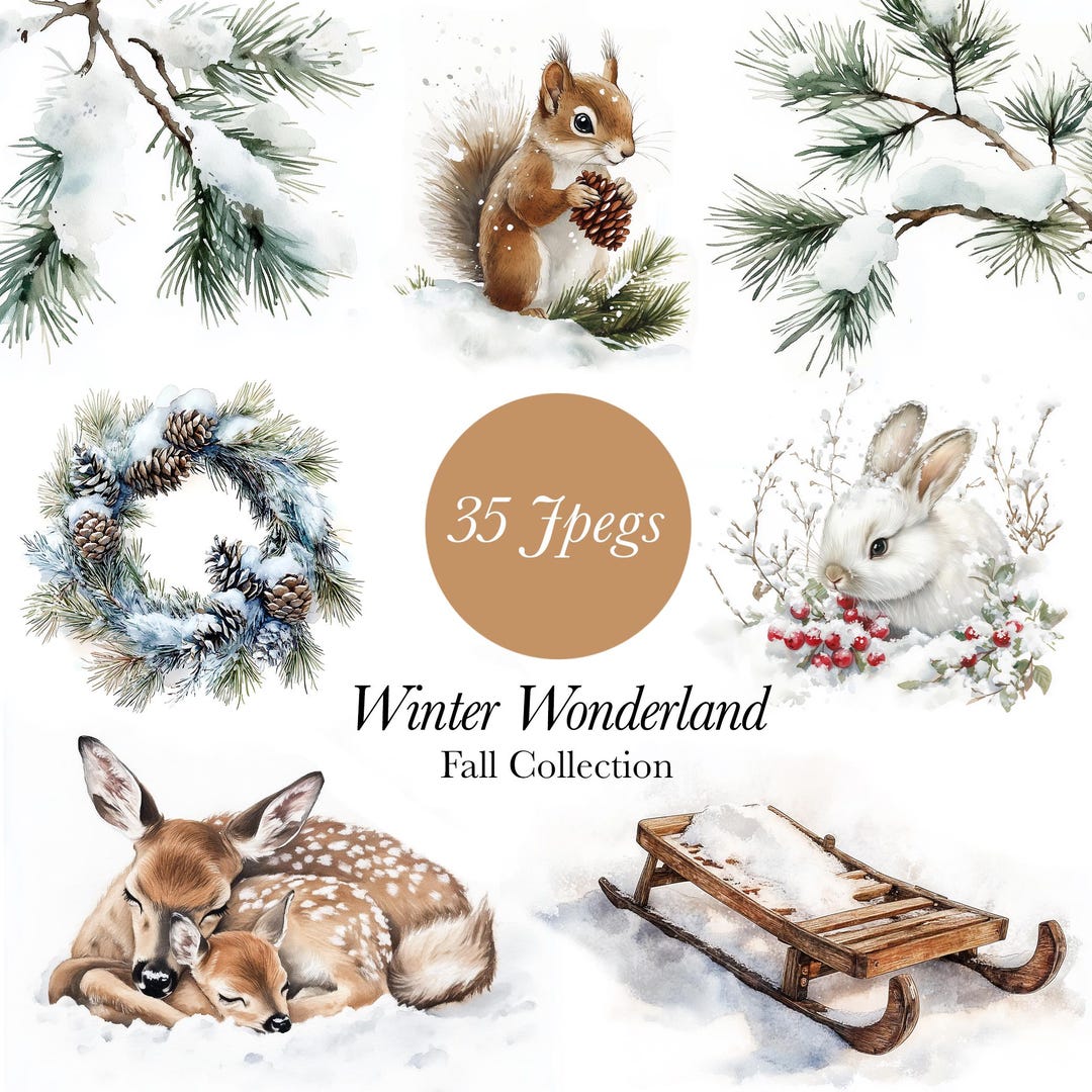 Watercolor Winter Clipart: Woodland Animals & Pine Trees (35 Jpegs) - Etsy