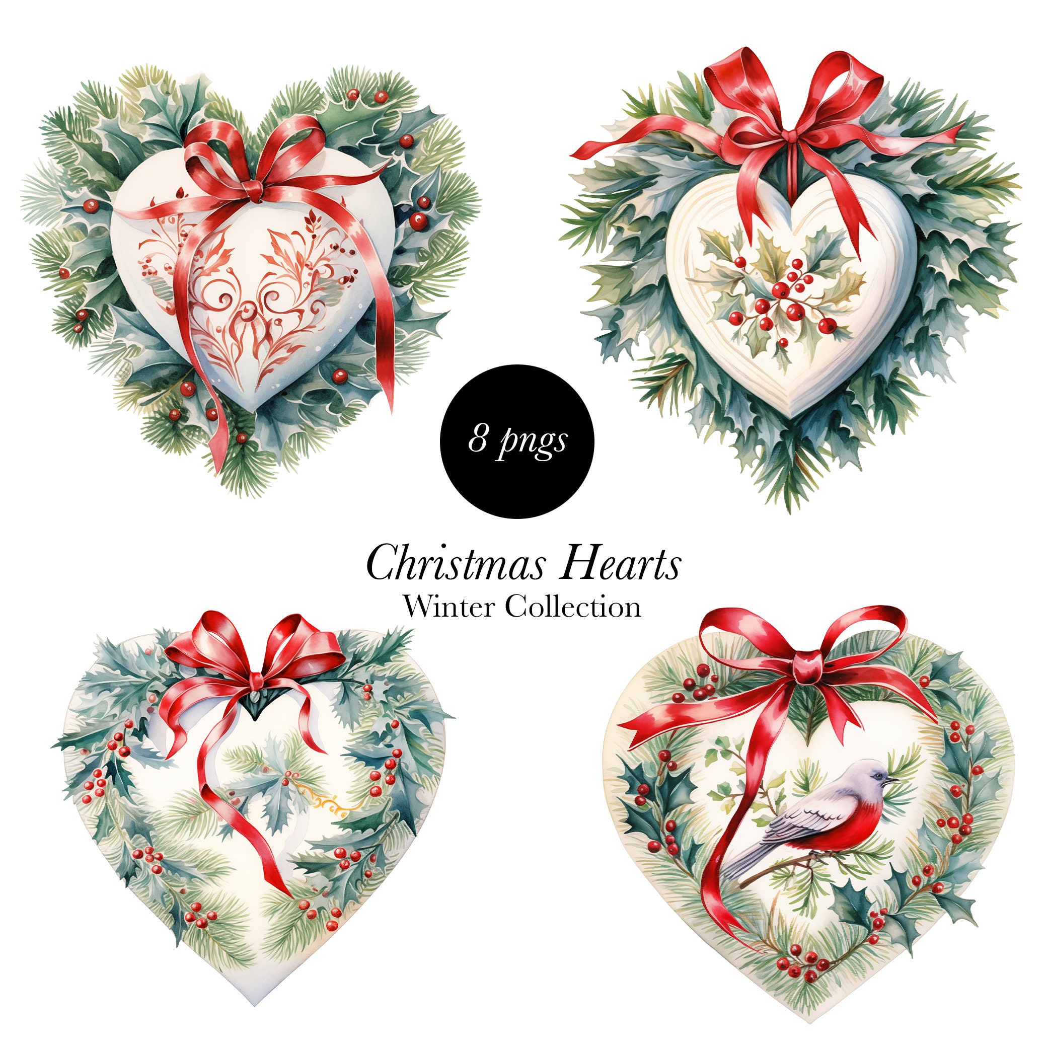 Christmas Hearts Clipart 8 Pngs, Hearts Clipart ,christmas Illustration ...