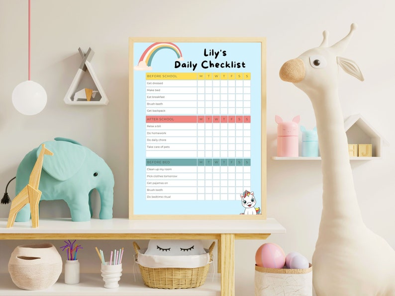 Kids Daily Routine Checklist Tracker Editable US/EU Unicorn and Rainbow ...