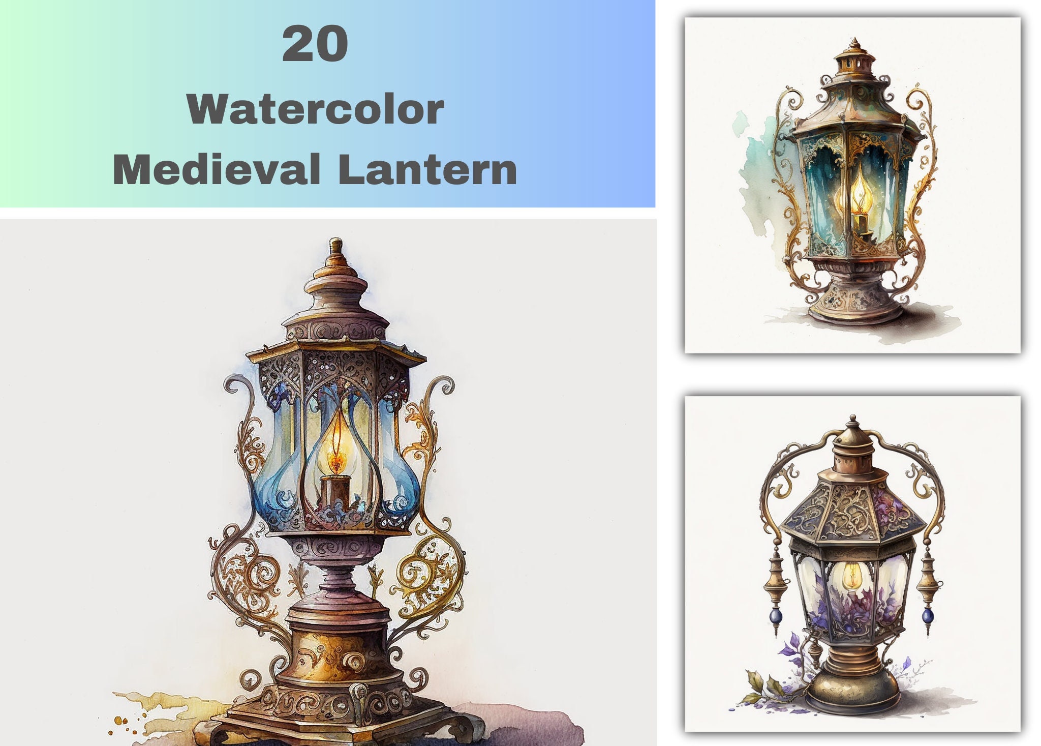 Medieval Lantern Watercolor PNG Clipart Pack, Full Commercial Use ...