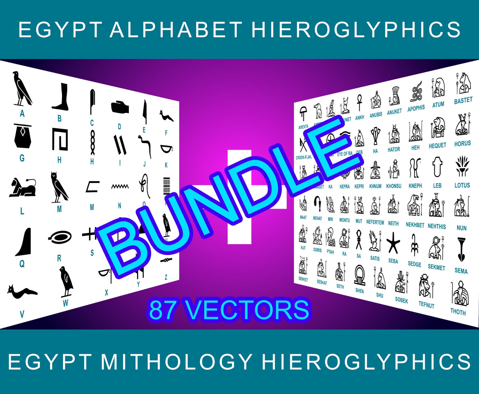 Egyptian Hieroglyphics and Gods + Hieroglyphics Alphabet Digital ...