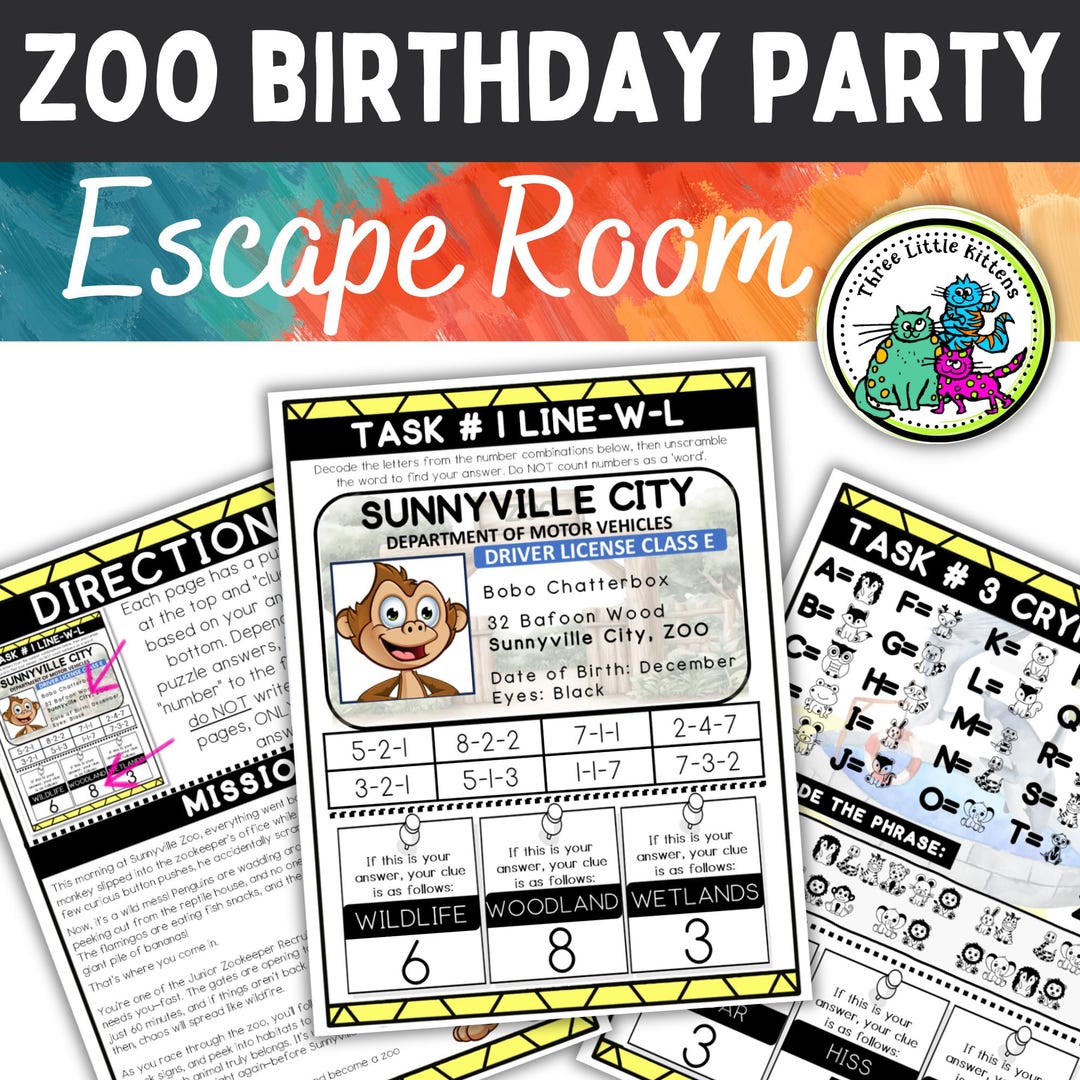 Zoo Escape Room Birthday Party, Printable Party Game, Indoor Printable ...