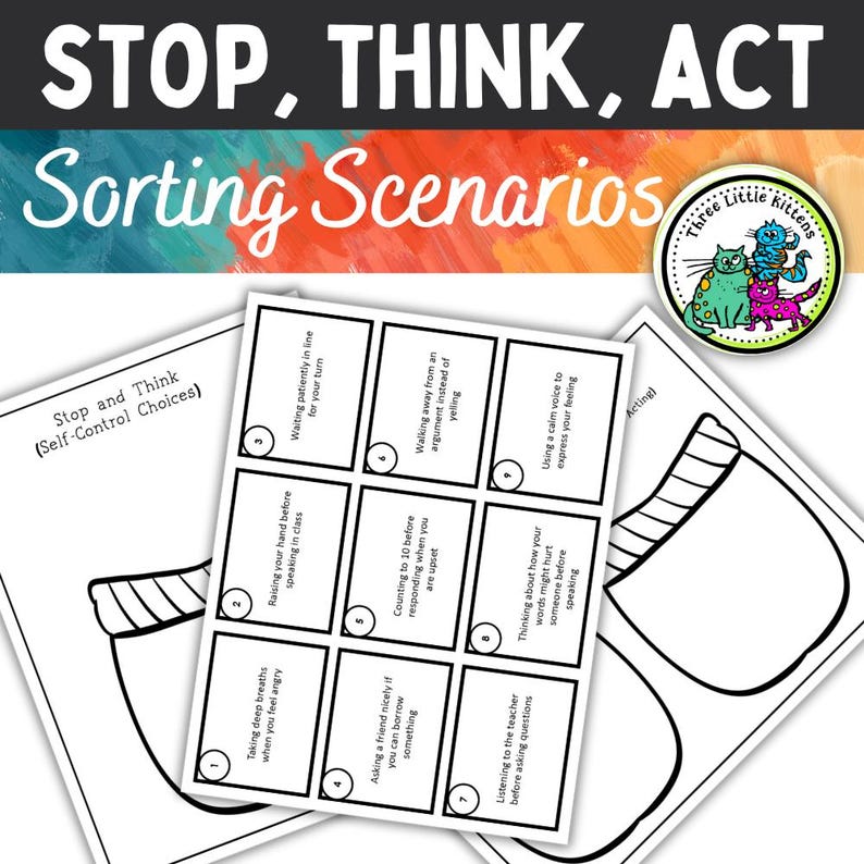 Social Emotional Learning Task Cards, Stop, Think, Act Sorting, Self ...