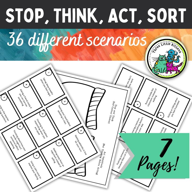 Social Emotional Learning Task Cards, Stop, Think, Act Sorting, Self ...