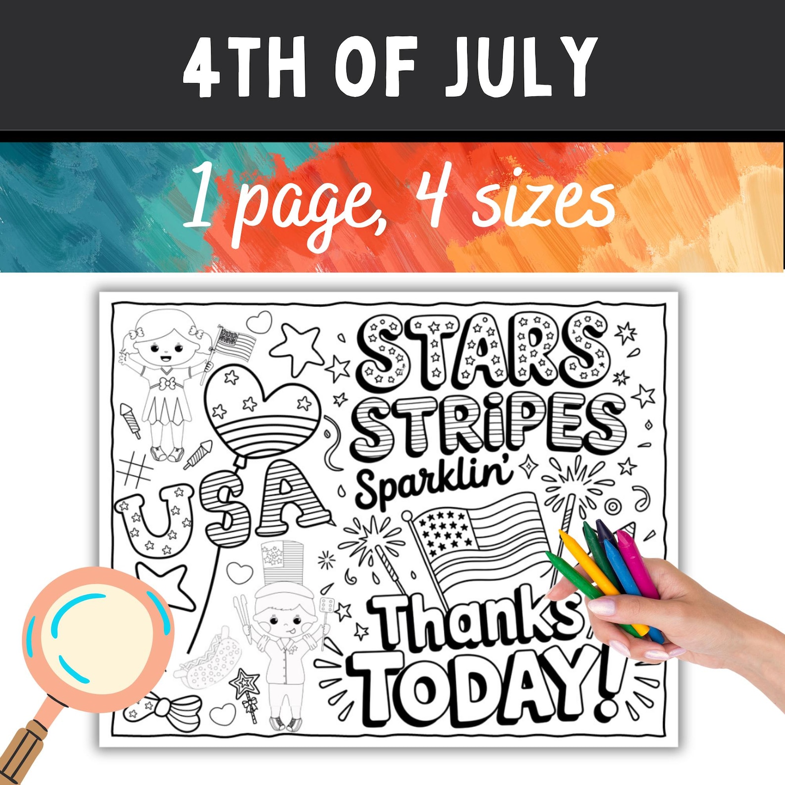 4th of July Kids Activity Sheet, 4th of July Coloring Placemat ...