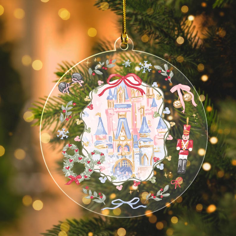 Disney Castle Coquette Bow Christmas Acrylic Ornament, Mickey ...