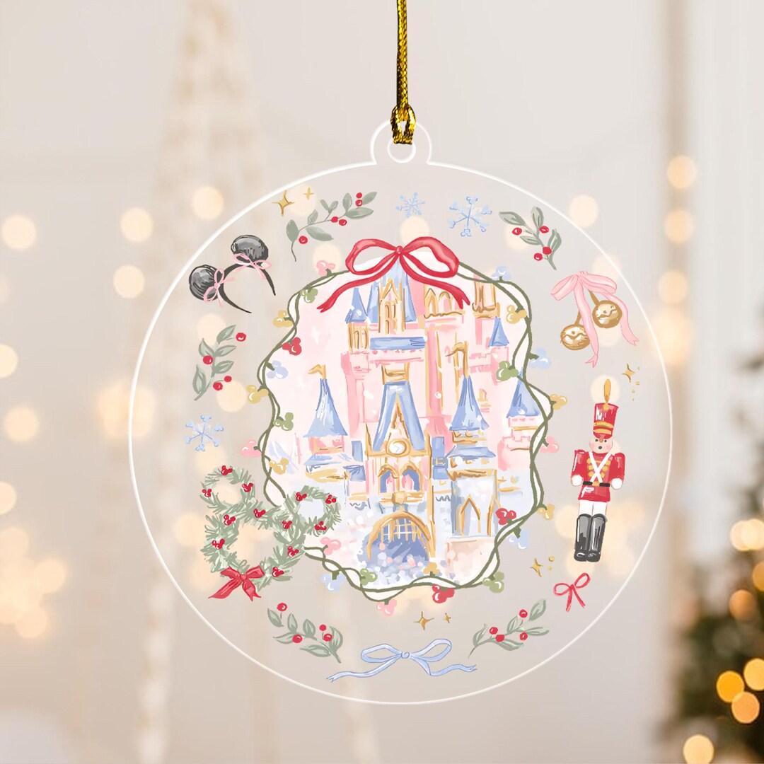 Disney Castle Coquette Bow Christmas Acrylic Ornament, Mickey ...