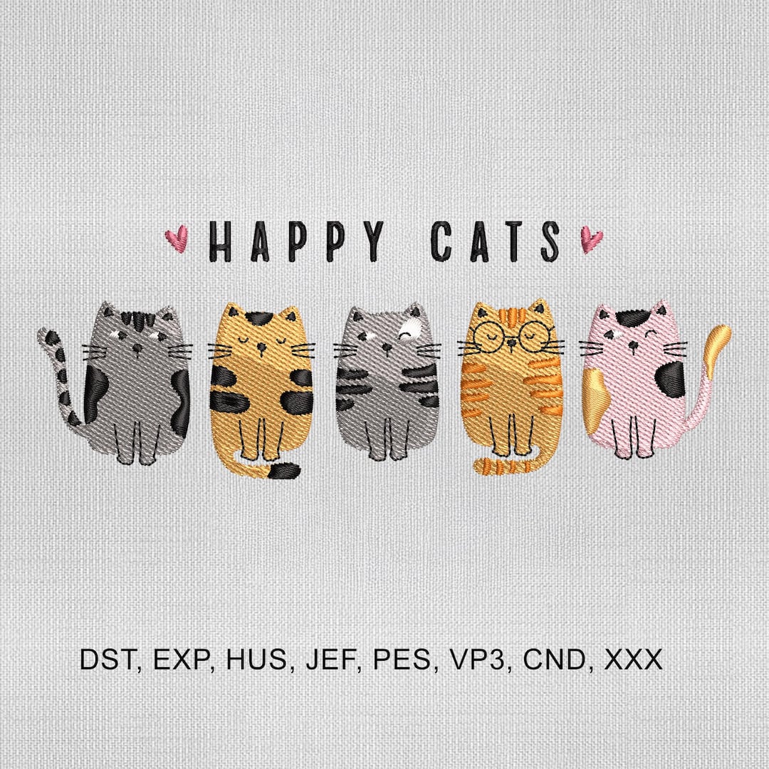 5 Size Happy Cats Embroidery Design, Cats Embroidery Design, Cat ...