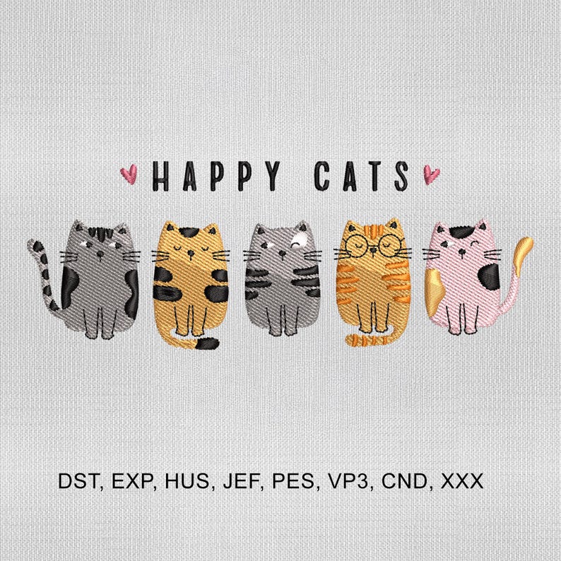 5 Size Happy Cats Embroidery Design, Cats Embroidery Design, Cat ...