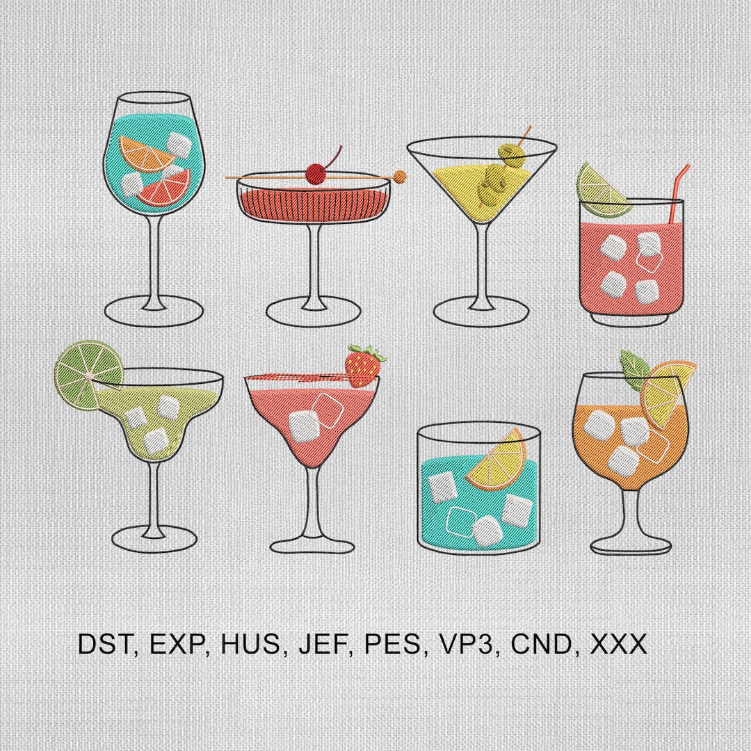 Set of 8 Mini Cocktail Embroidery Design Bundle, Summer Drink Cocktail ...