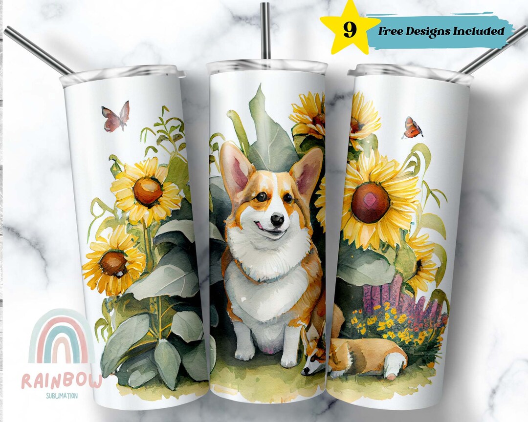 Corgi Sunflower Tumbler Wrap, Dog Tumbler Design, Puppy Tumbler ...