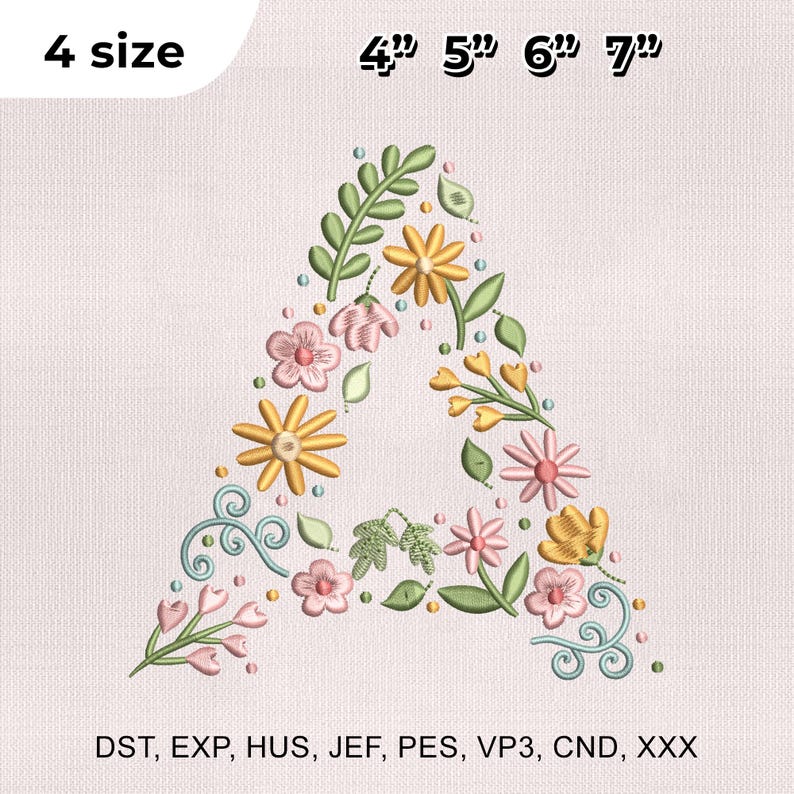 4 Size Vintage Floral Letters Embroidery Font Bundle,machine Embroidery ...