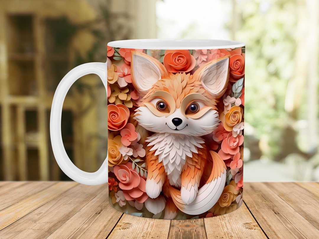 3D Baby Fox Mug, Fox Mug Design, Floral Fox Mug PNG, 3D Mug, 11oz Mug ...