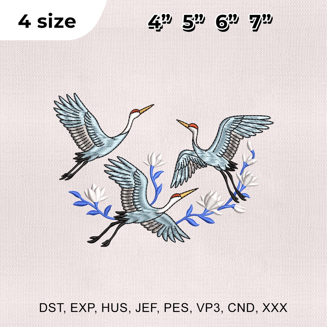 4 Size Three Crane Embroidery Design, Flying Crane Embroidery Design ...