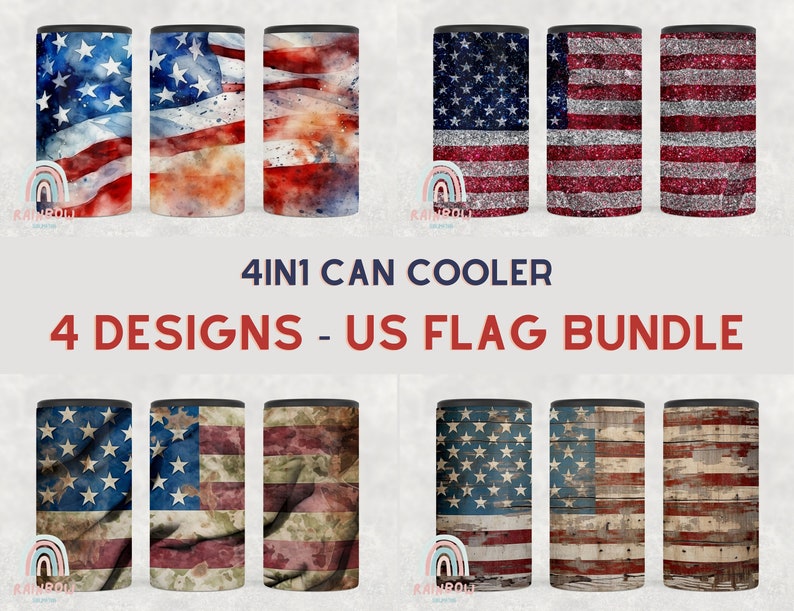 US Flag Bundle (4 Designs) 4in1 Can Cooler Wrap, American Flag Can ...