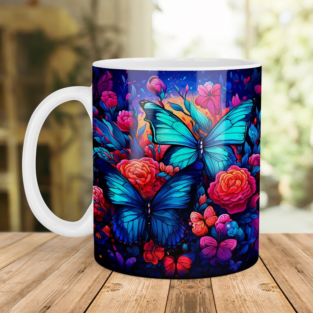 Colorful Butterfly Mug, Neon Butterfly Mug Design, Flower Mug PNG, 11oz ...