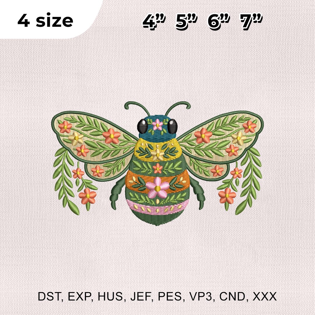 4 Sizes Floral Bee Embroidery Design, Bee Embroidery Design, Bee Pes ...