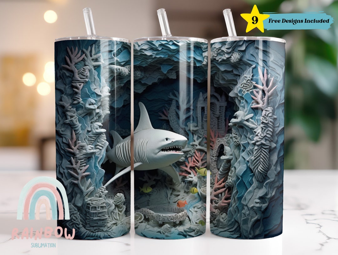 3D Shark Tumbler Wrap, Paper Art Shark Tumbler Design, Sublimation ...