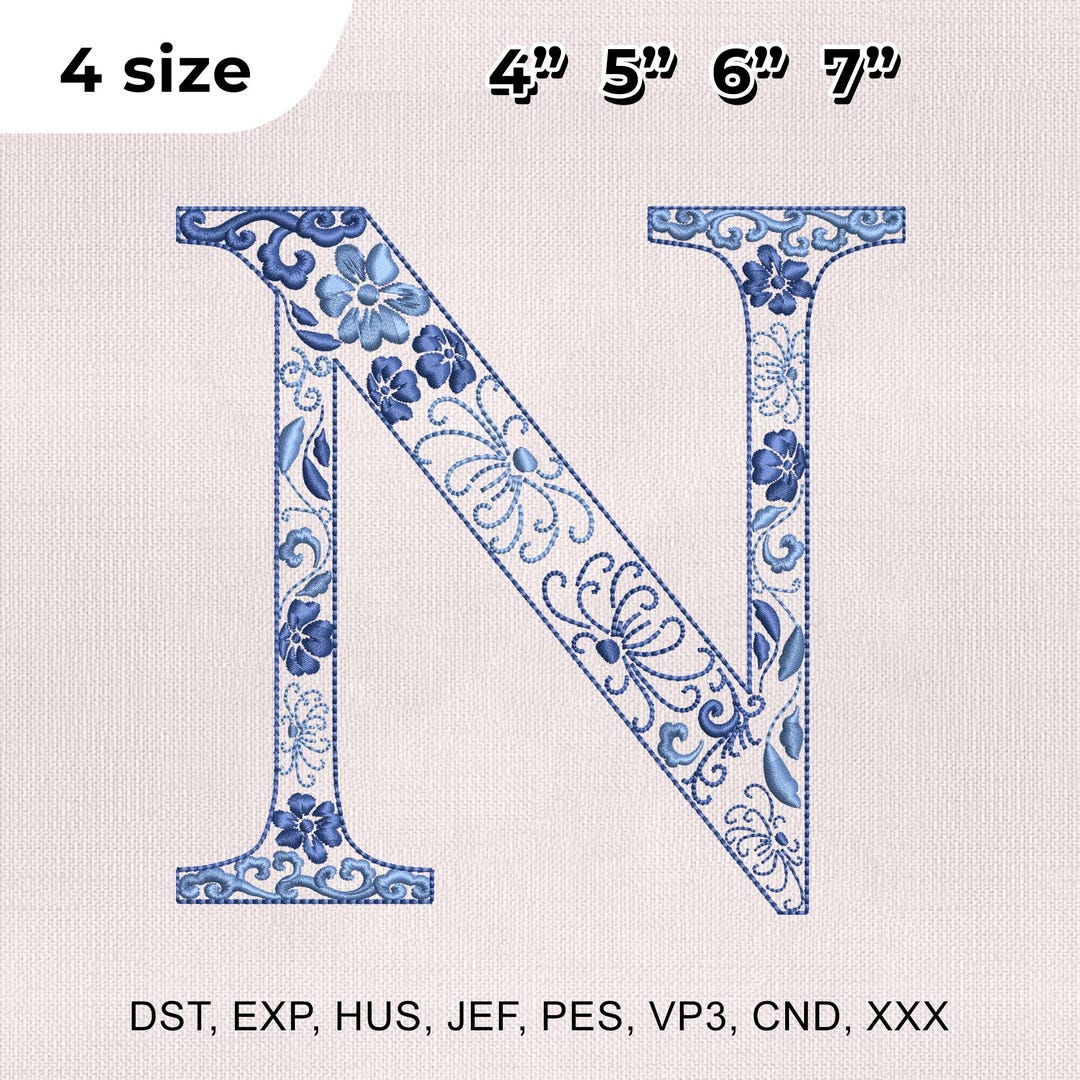 Chinoiserie Letter N Embroidery Font, Chinoiserie Machine Embroidery ...