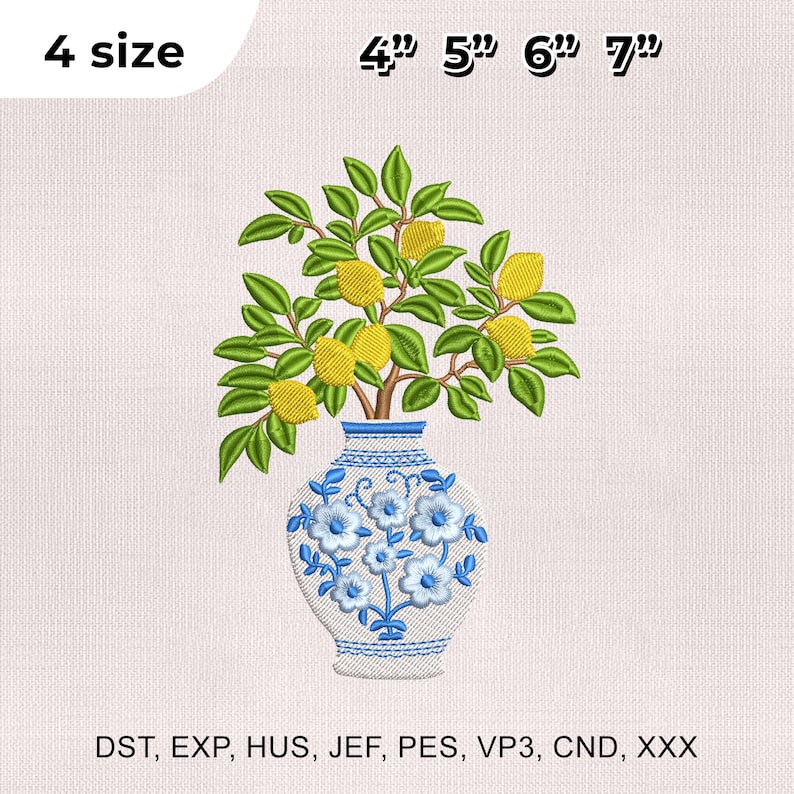 4 Sizes Chinoiserie Lemon Tree Embroidery Design, Fruit Embroidery ...