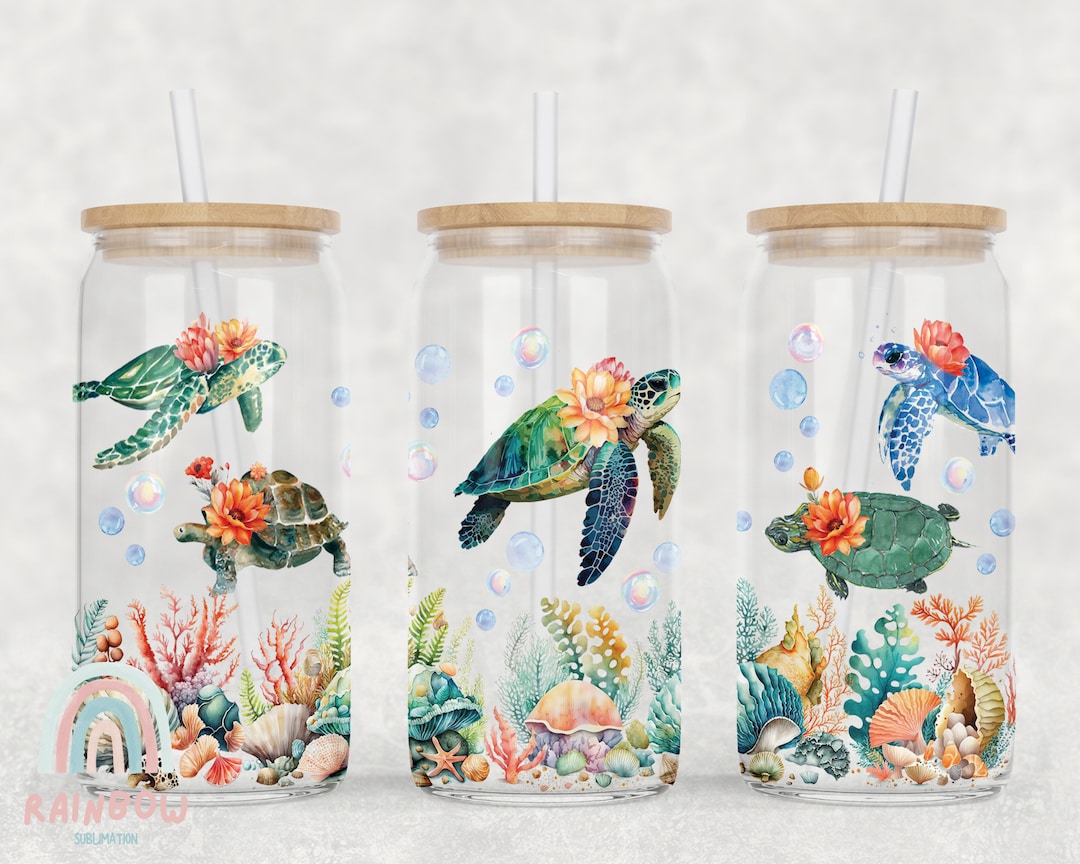 Cute Turtle Glass Can Wrap, Turtle Libbey 16oz Glass Can Sublimation ...