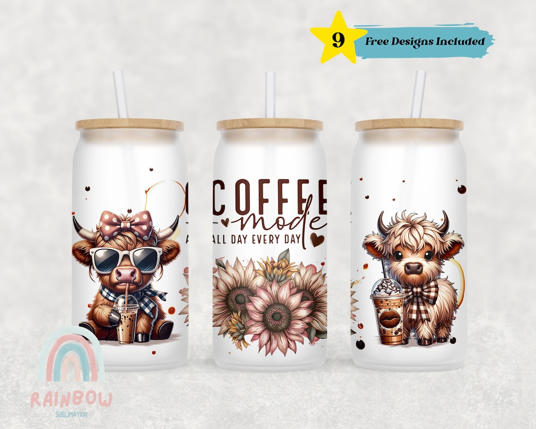 Coffee Mode Glass Can Wrap, Highland Cow Libbey 16oz Glass Can ...