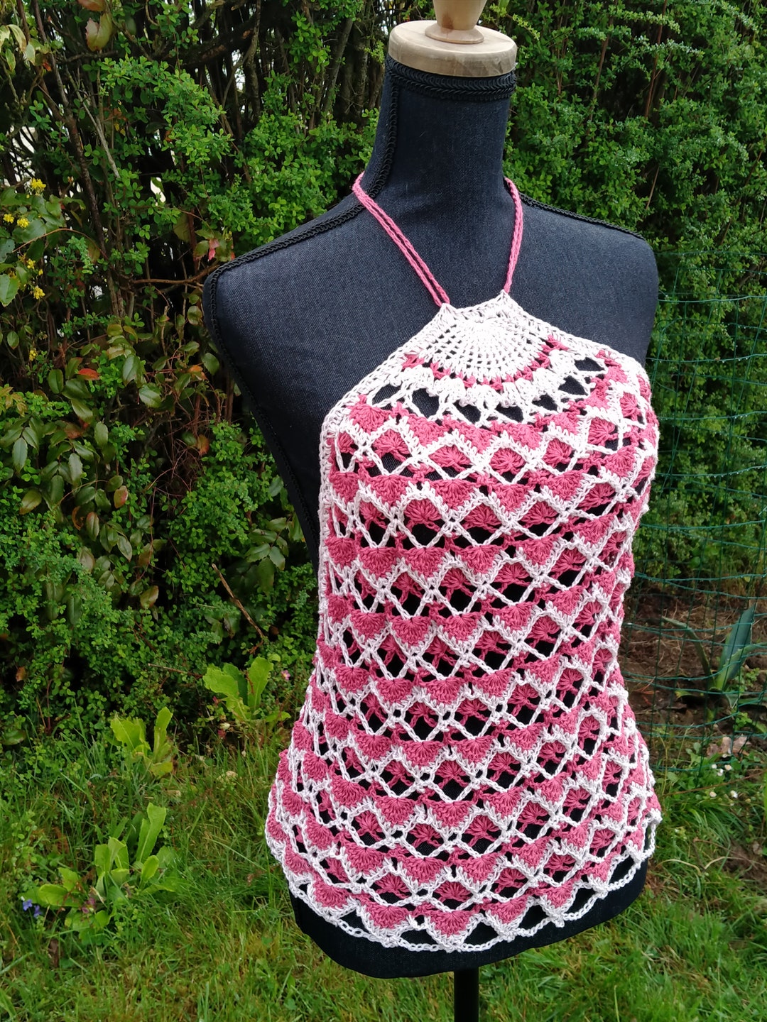 Handmade Crocheted Pink and White Cotton Lace Backless Top - Etsy
