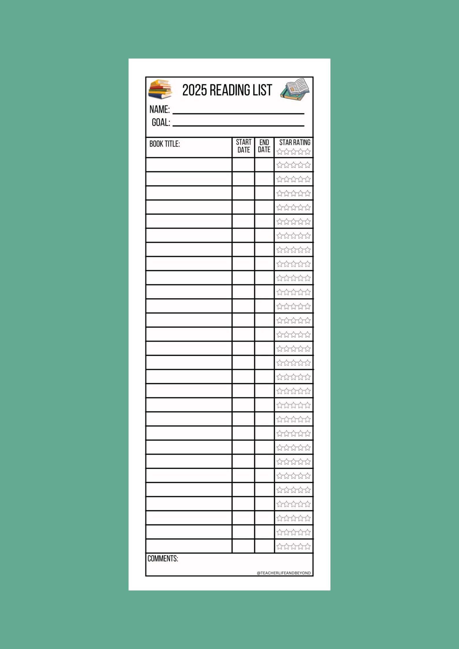 Printable Download Reading List Record Sheet - Digital Print of X2 on ...