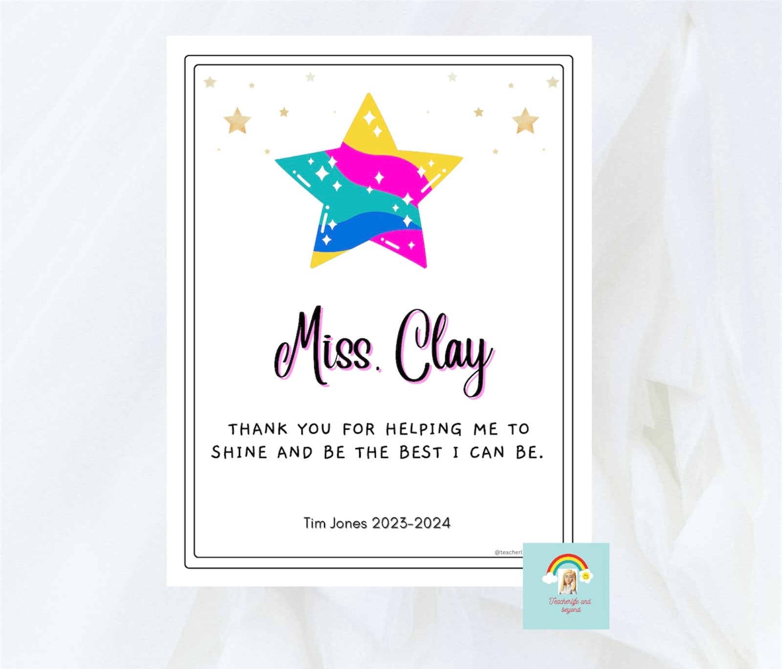 Printable Personalised Teacher Star Rainbow Gift Print - Add to a Frame ...