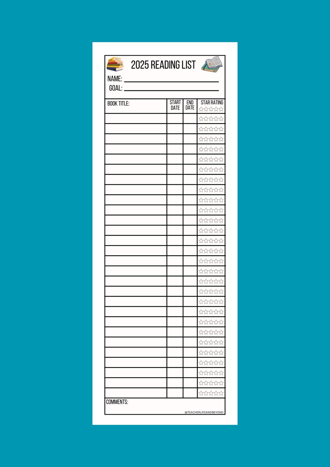 Printable Download Reading List Record Sheet - Digital Print of X2 on ...