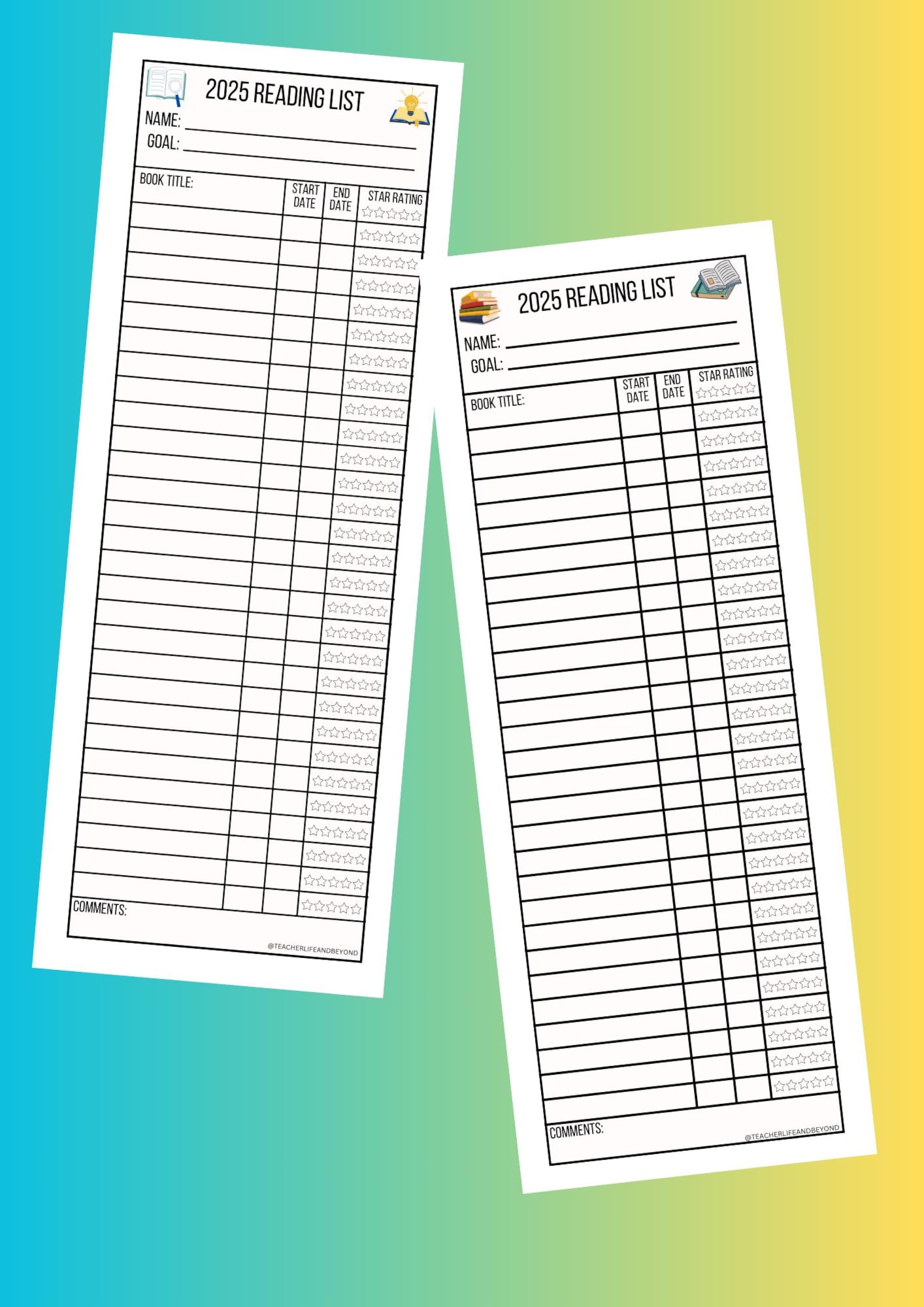 Printable Download Reading List Record Sheet - Digital Print of X2 on ...