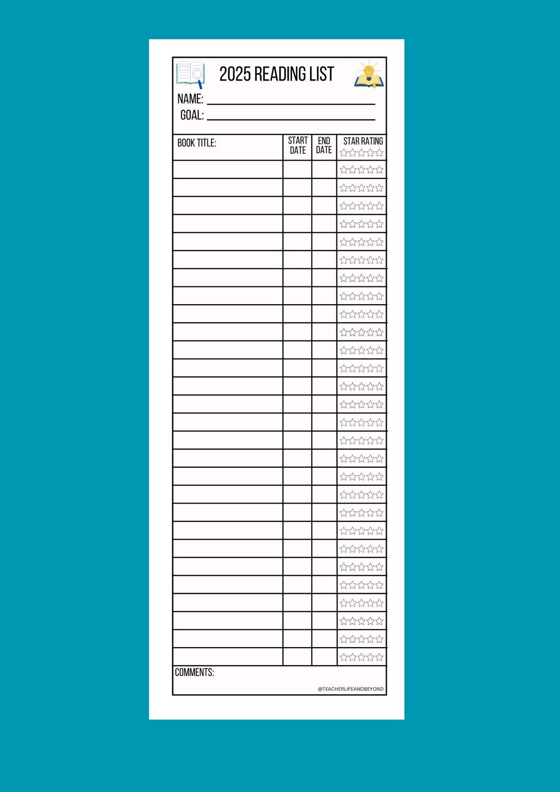 Printable Download Reading List Record Sheet - Digital Print of X2 on ...