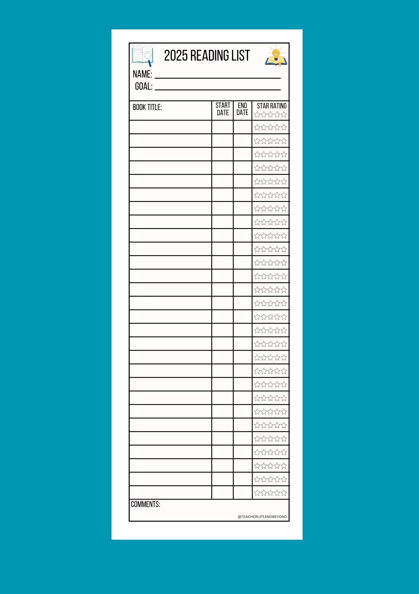 Printable Download Reading List Record Sheet - Digital Print of X2 on ...