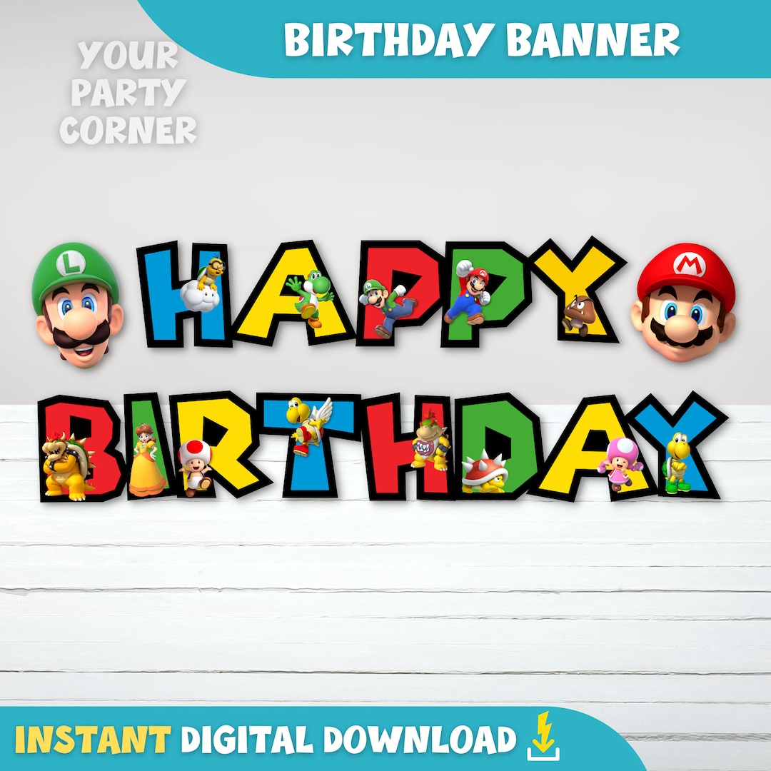 Super Mario Happy Birthday Banner | Mario Birthday Banner | Super Mario ...