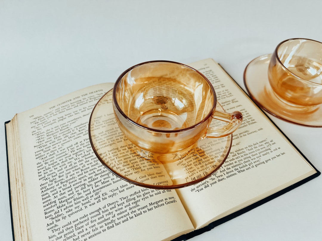 Vintage Marigold Lustre Glass Teacup With Saucer, Amber Glassware ...