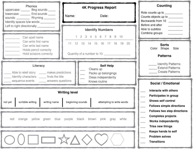 Preschool/4k Progress Report - Etsy
