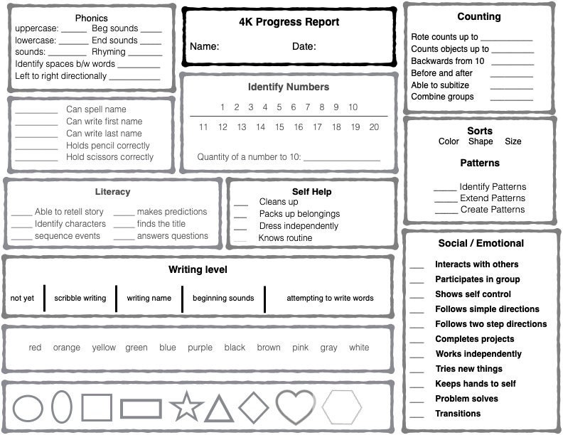 Preschool/4k Progress Report - Etsy