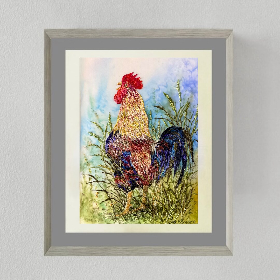 Наnd 3d Embroidery Art Rooster in the Meadow Hand Embroidery on Fabric ...