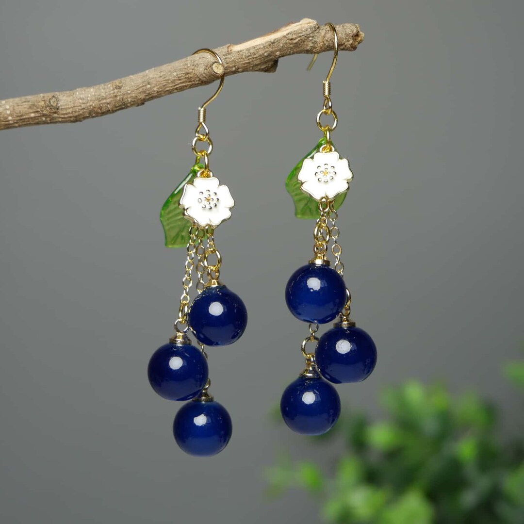 Blueberry Earrings Glass Fruit Dangle Earrings Berry Drop Earrings S925 ...