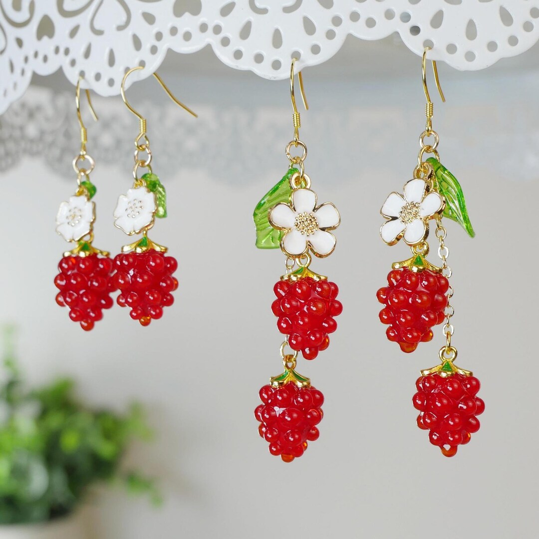 Raspberry Earrings Glass Fruit Earrings Food Jewelry Dangle & Drop ...