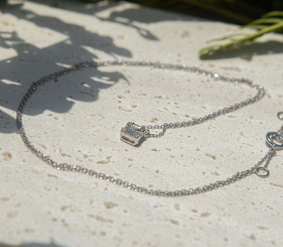 Square Diamond Necklace Solid 18k Gold Charm Natural - Etsy