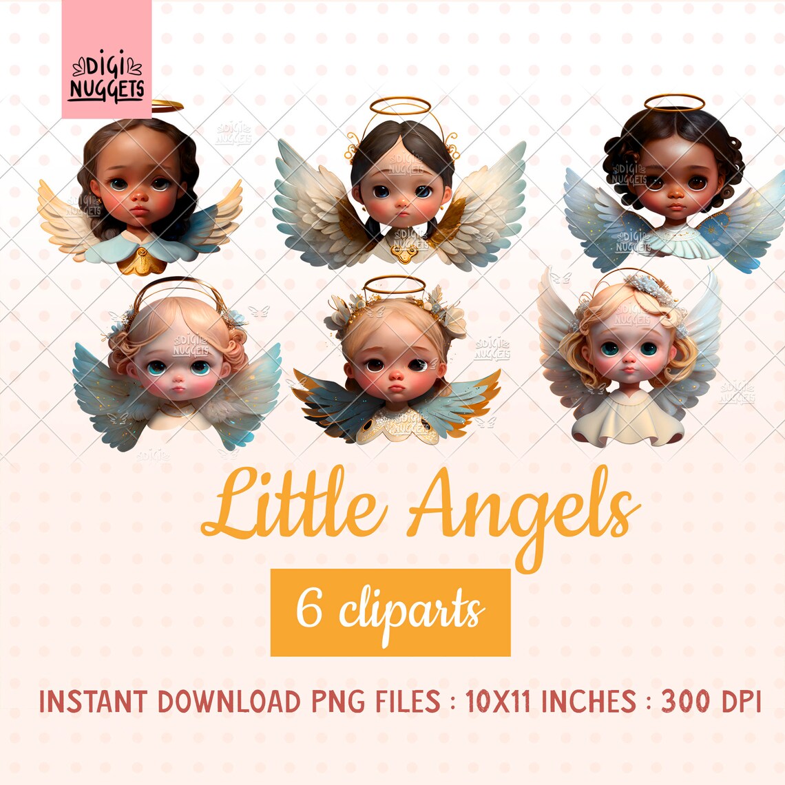 Little Angels Clipart, Cute and Diverse Angel Girls Graphics, Vintage ...