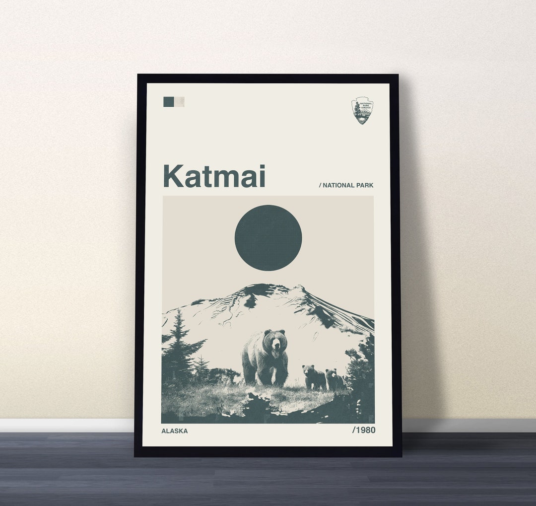 Katmai National Park Retro Art Print, Katmai National Park Illustration ...