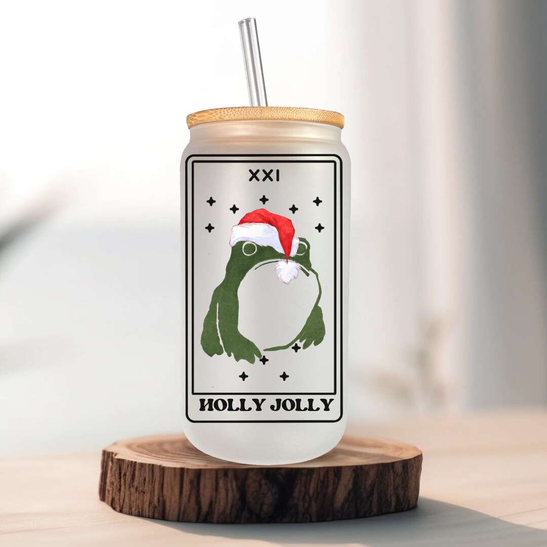 Holly Jolly Japanese Frog Tarot Card Glass Cup, Cottagecore Tarot Lover ...