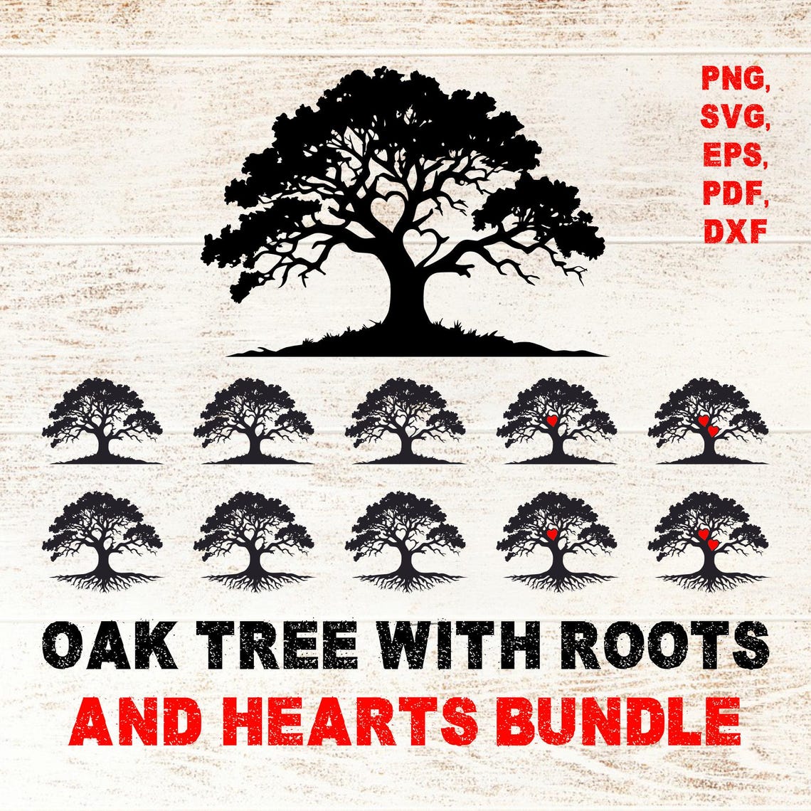 Oak Tree With Roots SVG Bundle, Family Tree With Hearts PNG, Woodland ...