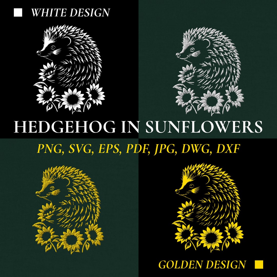 Hedgehog in Sunflowers SVG Cut File for Dark Backgrounds, White ...