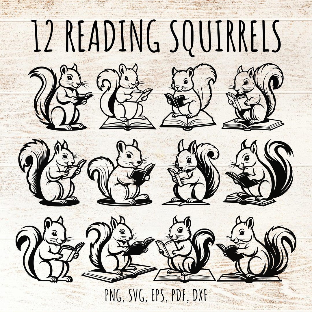 Squirrel Reading Book SVG PNG Bundle, Bookworm Squirrel Literary Club ...