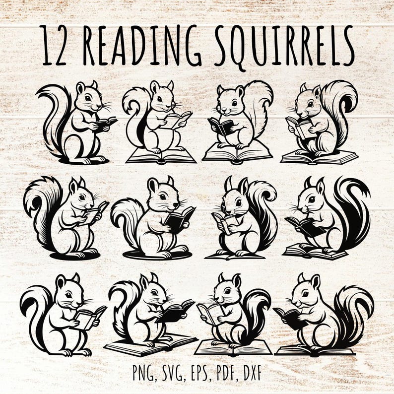 Squirrel Reading Book SVG PNG Bundle, Bookworm Squirrel Literary Club ...