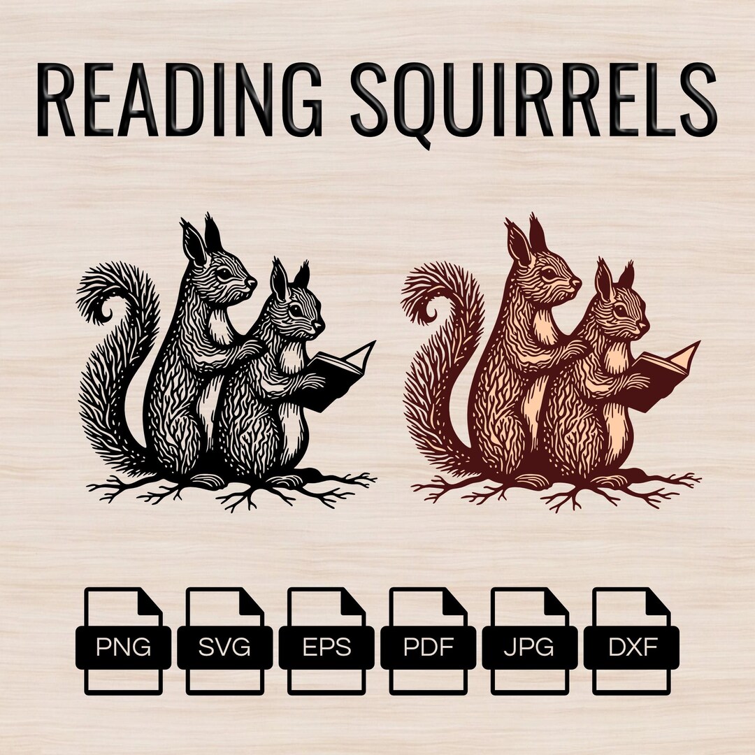 Reading Squirrels SVG PNG, Detailed Wood Cut File, Laser Engrave Design ...